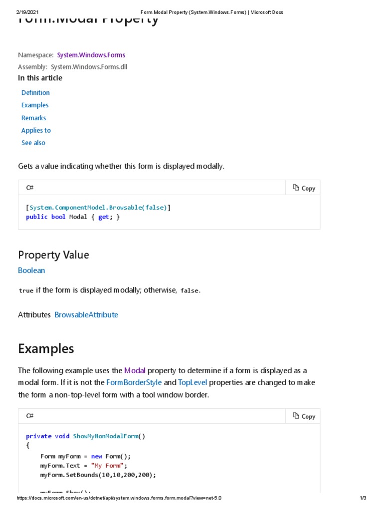 Form - Modal Property (System - Windows.Forms) - Microsoft Docs | PDF | C Sharp (Programming ...