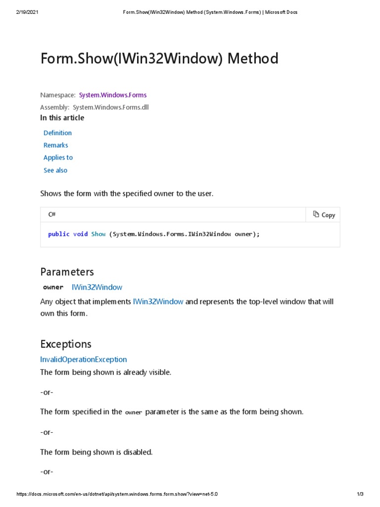 Form - Show (IWin32Window) Method (System - Windows.Forms) - Microsoft Docs | PDF | Microsoft ...