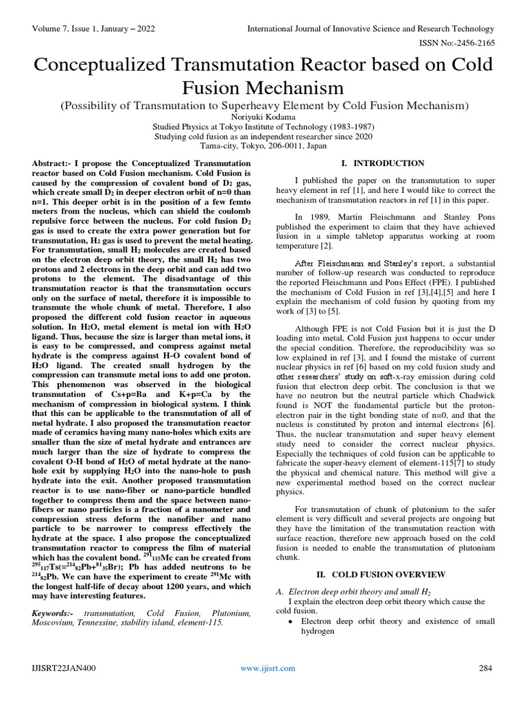 Conceptualized Transmutation Reactor Based On Cold Fusion Mechanism ...