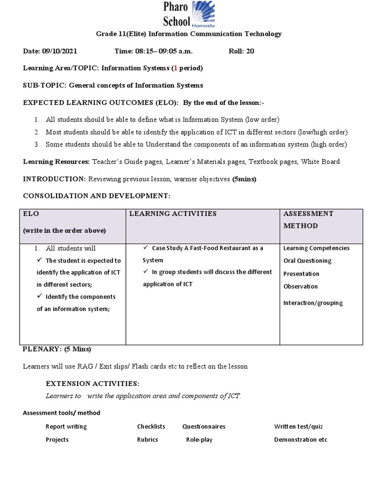 ICT Grade - 11 - Elite - DAILY - LESSON - PLAN - Grade11 | PDF