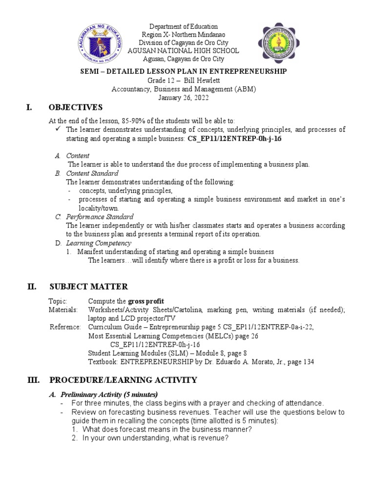 I. Objectives: Semi - Detailed Lesson Plan in Entrepreneurship | PDF ...