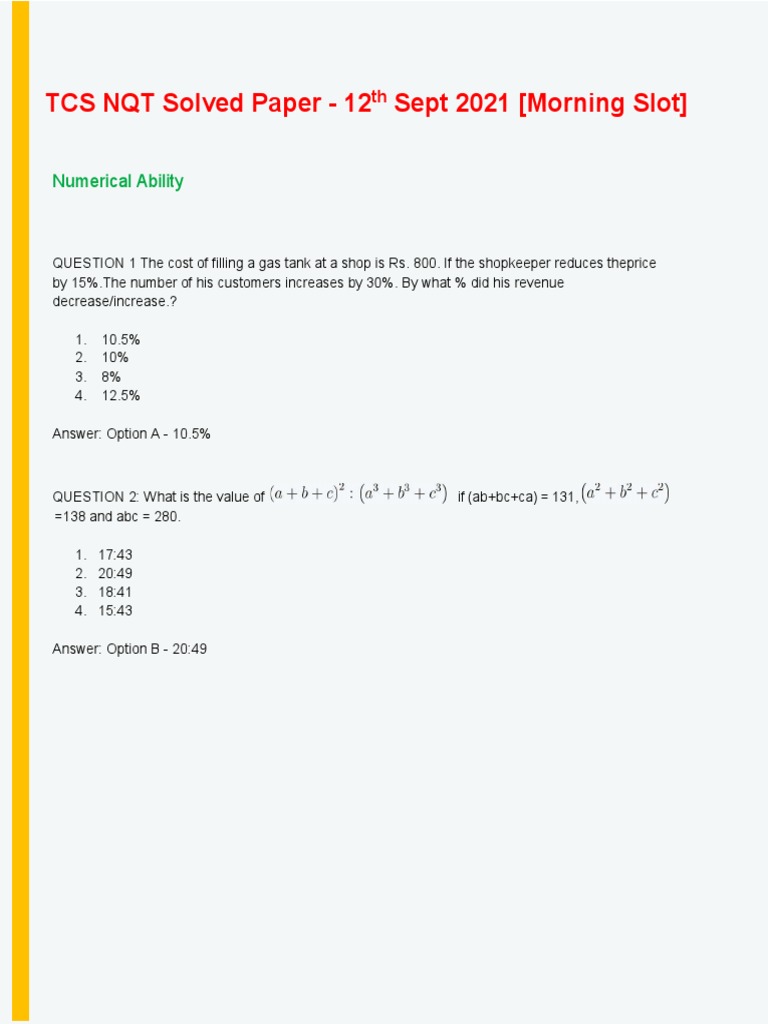 TCS NQT Solved Paper - 12th Sept 2021 (Morning Slot) | PDF | Mental Disorder | Mental Health