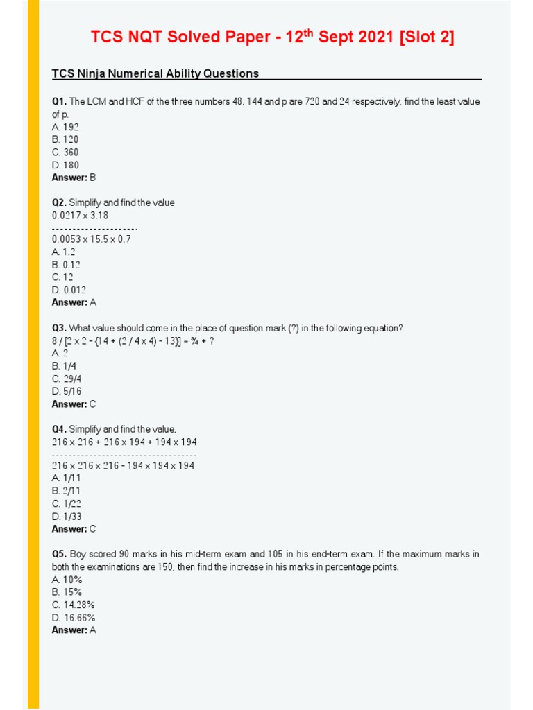 TCS NQT Solved Paper - 12th Sept 2021 (Slot 2) | PDF | Argument | Laptop