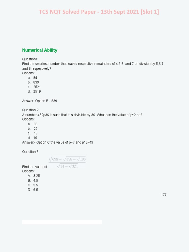 TCS NQT Solved Paper - 13th Sept 2021 [Slot 1]: Numerical Ability and ...