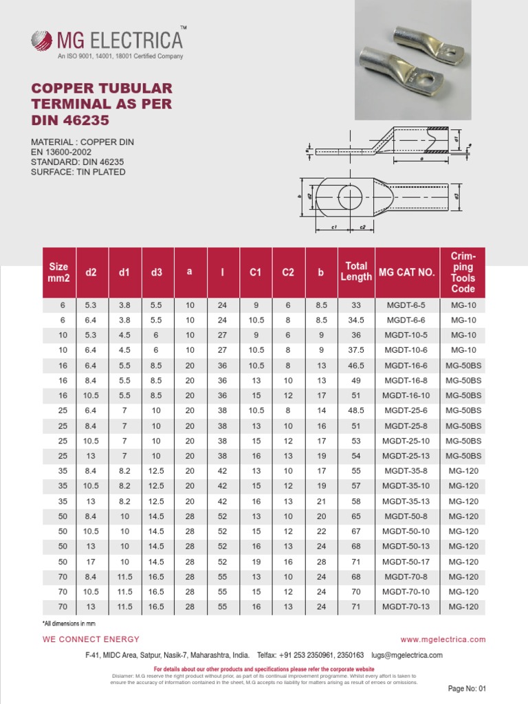 Copper Tubular Terminal As Per DIN 46235: Material: Copper Din EN 13600 ...