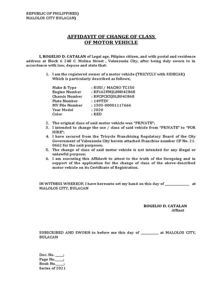 AFFIDAVIT OF CHANGE OF CLASS of MOTOR VEHICLE | PDF