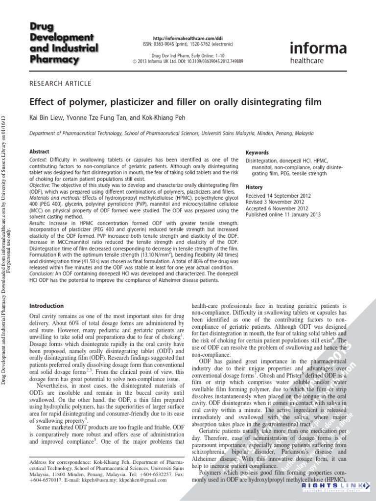 Effect of Polymer, Plasticizer and Filler On Orally Disintegrating Film ...