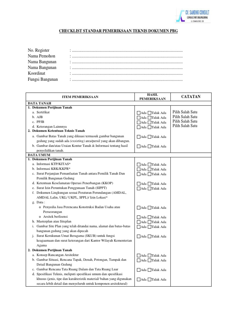 Checklist Standar Pemeriksaan Teknis Dokumen PBG | PDF
