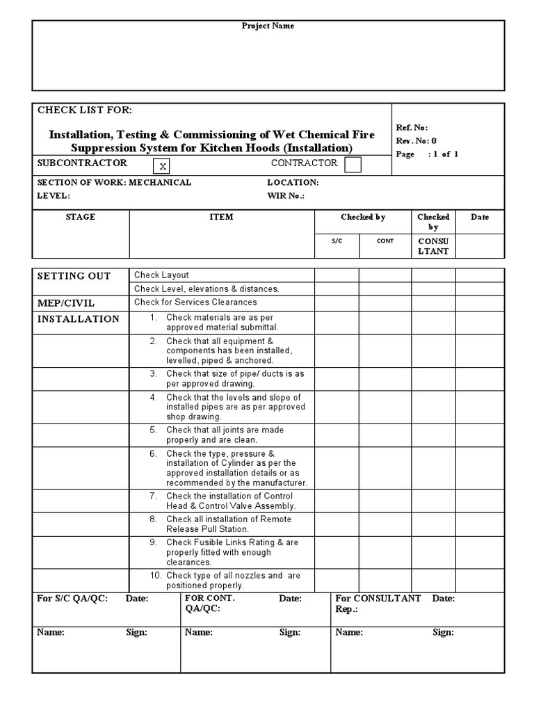 Checklist For Installation of Chemical Fire Suppression System | PDF ...