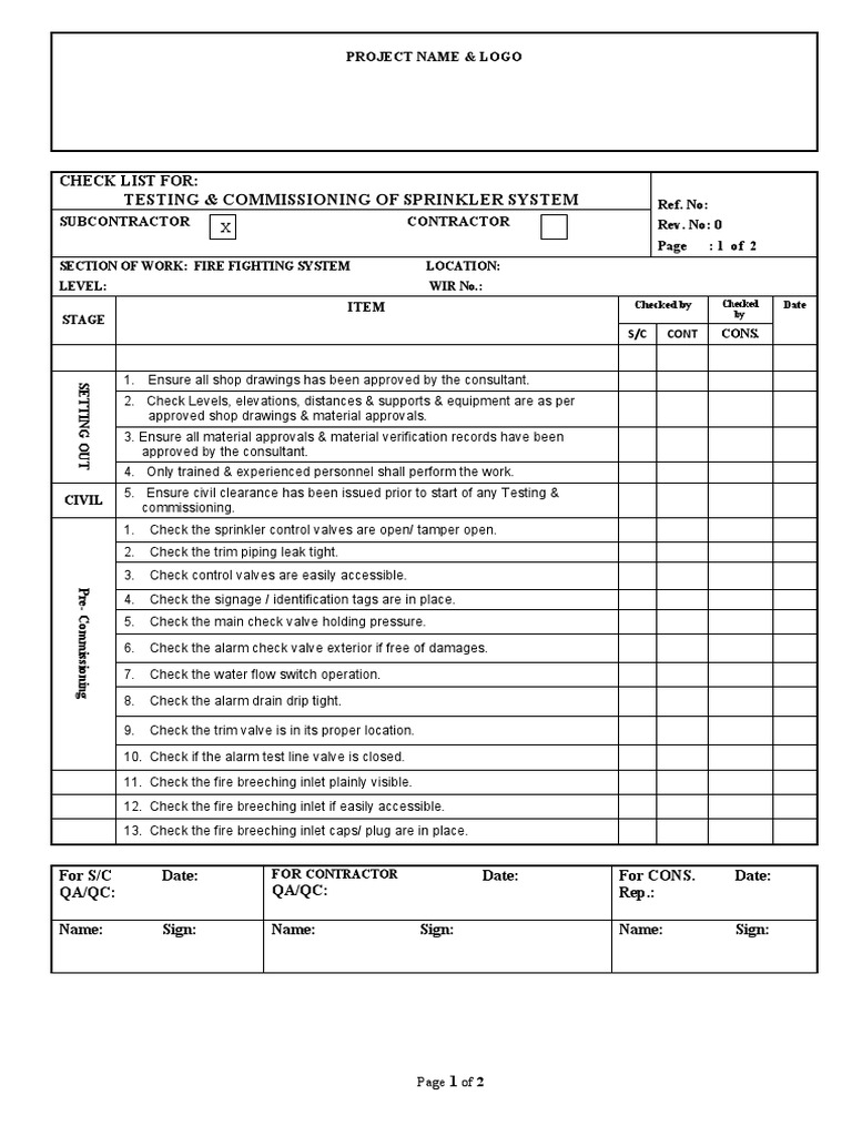 Checklist For Testing & Commissioning of Sprinkler System | PDF | Fire ...