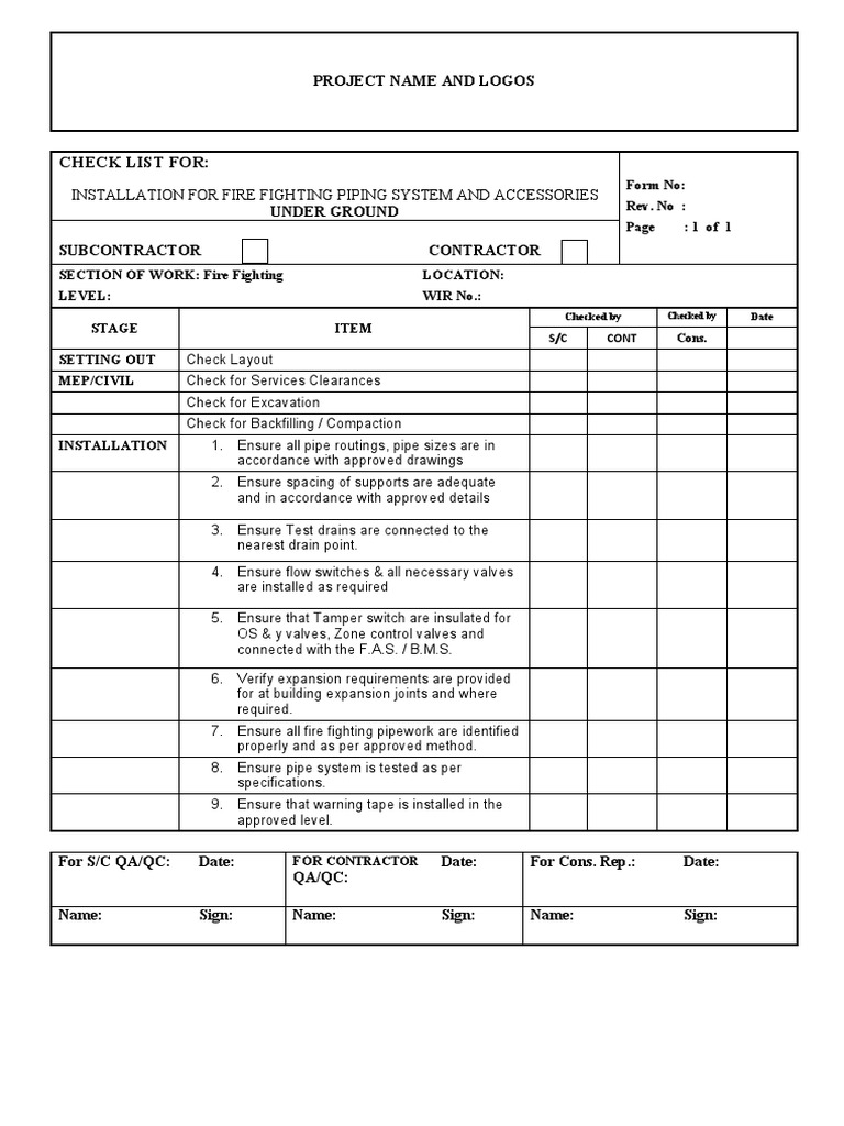 Checklist Underground FF Piping Installation | PDF | Plumbing | Gas ...