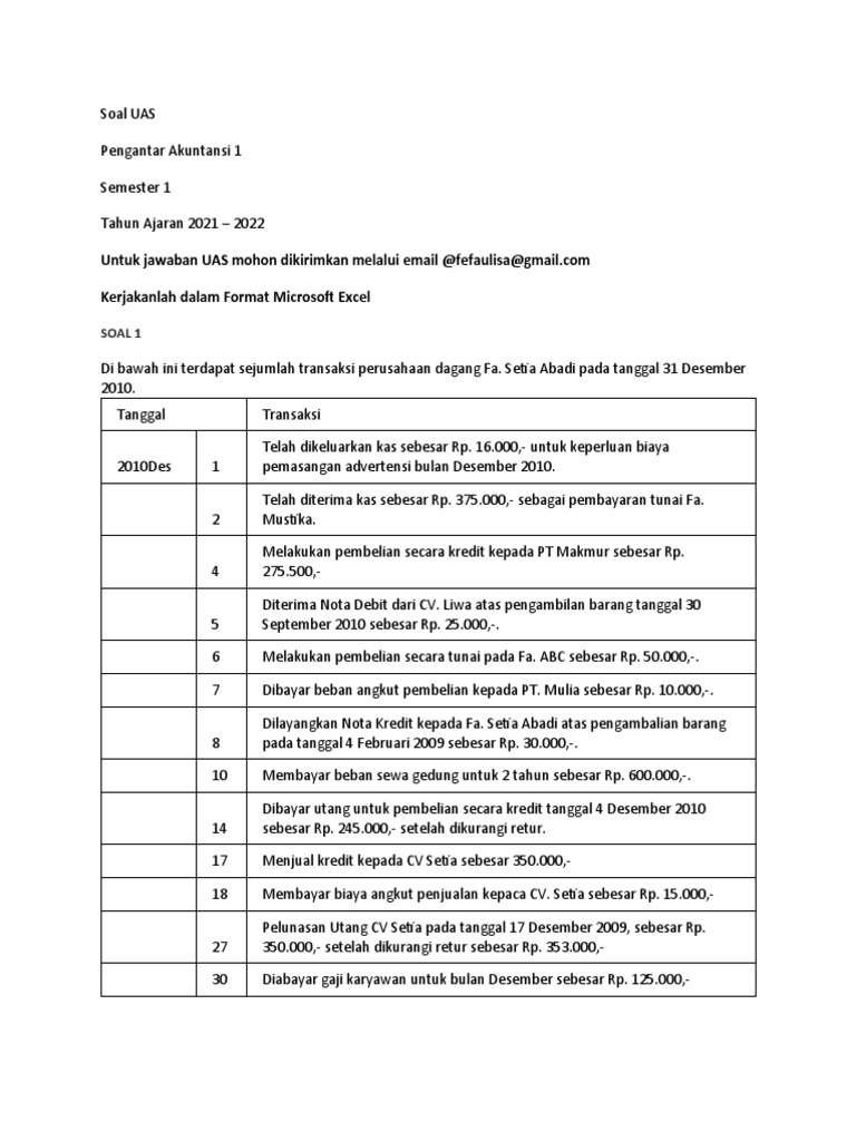 SOAL UAS Pengantar Akuntansi 1 | PDF