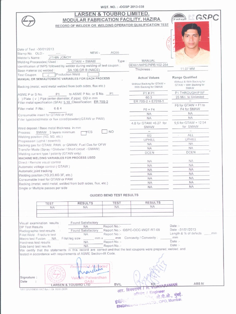 Record of Welder Qualification Test for Jitendra Jonoy Conducted on ...