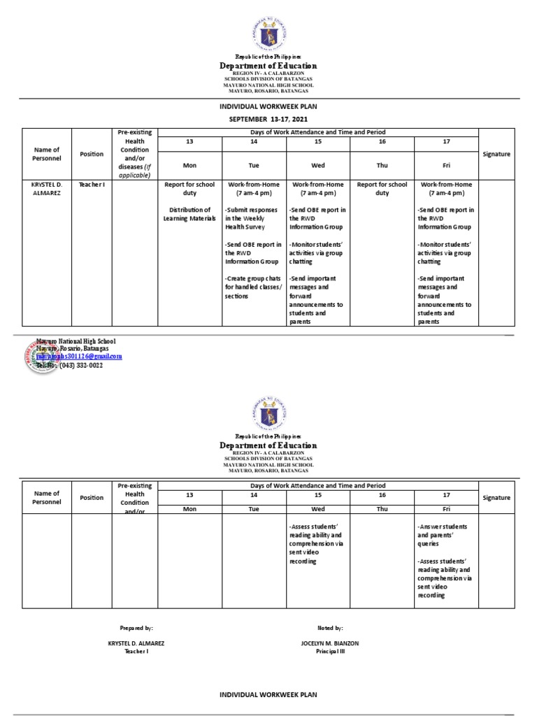 Work Week Plan Sample For Teachers | PDF | Cognition | Behavior Modification