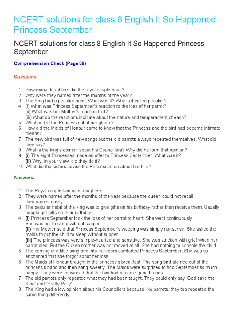 NCERT Solutions For Class 8 English It So Happened Princess September ...