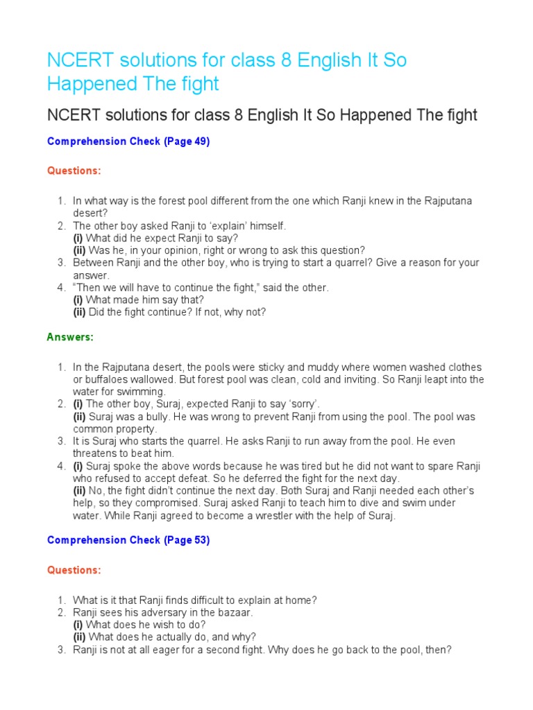 NCERT Solutions For Class 8 English It So Happened The Fight | PDF ...