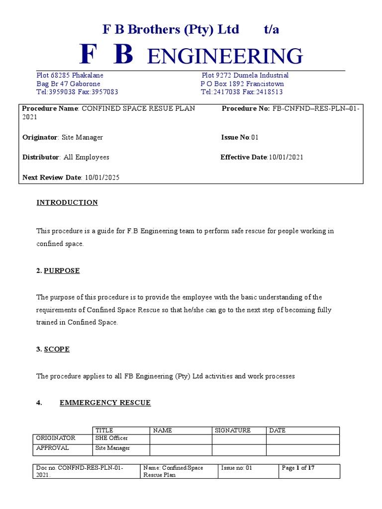 Confined Space Rescue Plan-Fb Engineering | PDF | First Aid | Personal ...