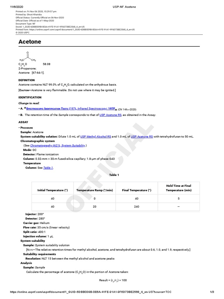 USP-NF Acetone | PDF | Gas Chromatography | Chromatography
