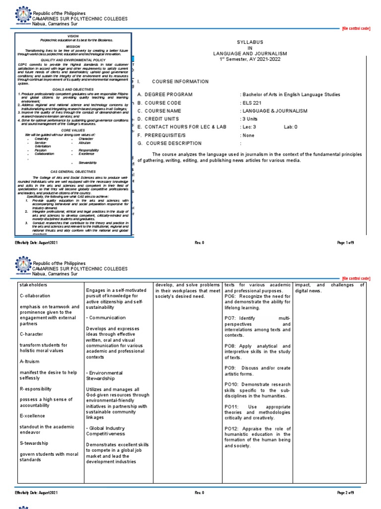 Syllabus in Language and Journalism | PDF | Journalism | News