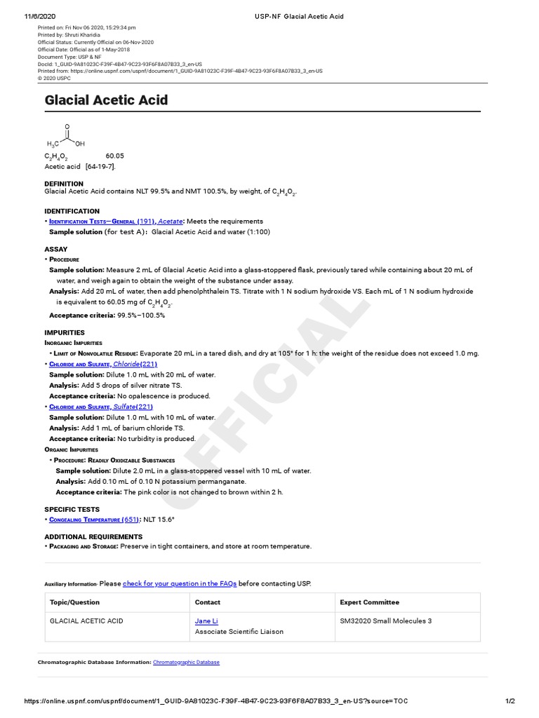 USP-NF Glacial Acetic Acid | PDF | Water | Acid