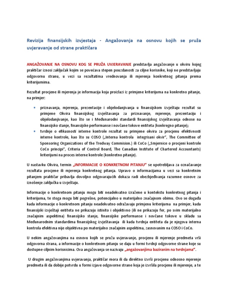 Revizija Finansijskih Izvjestaja - Angazovanja Na Osnovu Kojih Se Pruza Uvjeravanje Od Strane ...