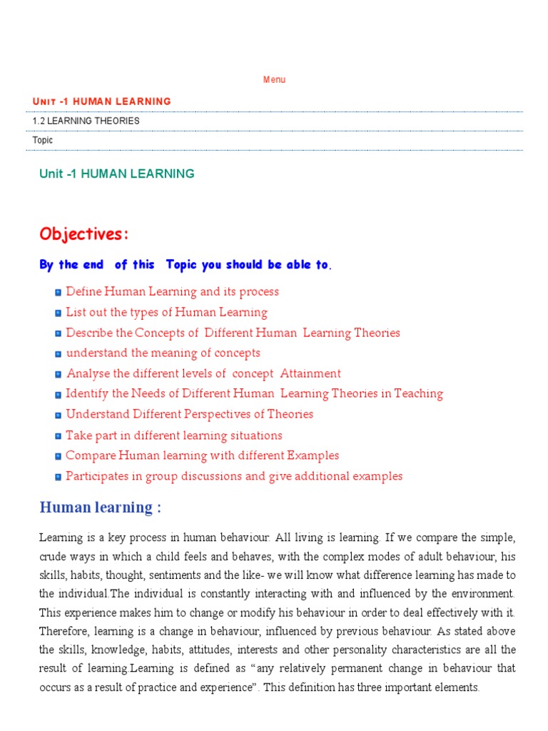 Unit - 1 HUMAN LEARNING | PDF | Concept | Learning