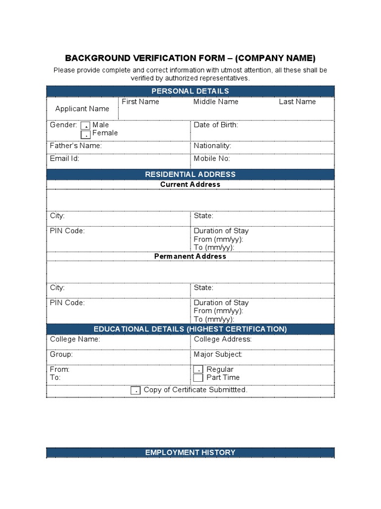 Background Verification Form - (Company Name) : Personal Details | PDF