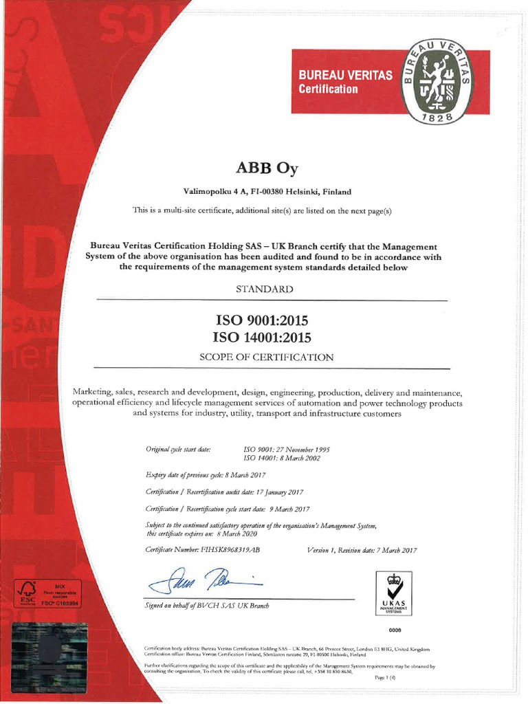 ABB ISO 9001 14001 2015 Certificate 8 3 2017 | PDF | Electrical ...
