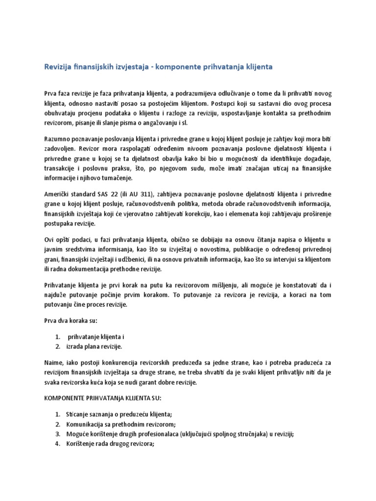 Revizija Finansijskih Izvjestaja - Komponente Prihvatanja Klijenta | PDF