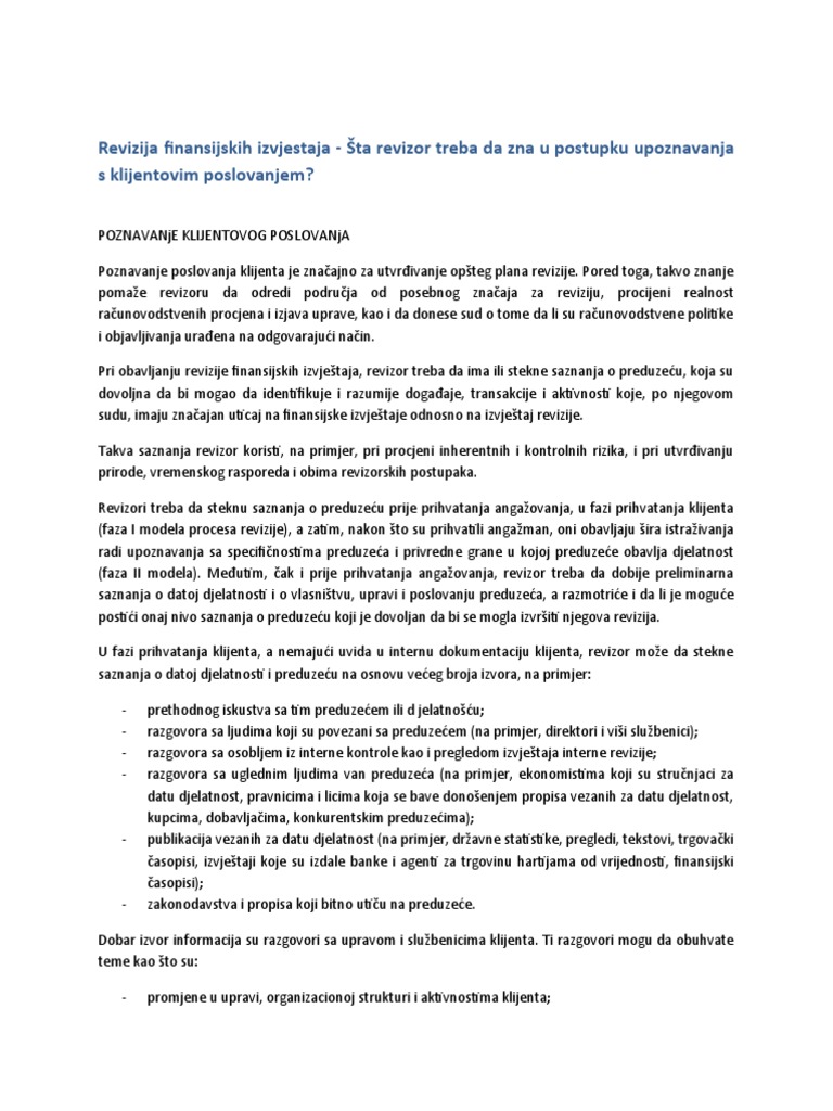 Revizija Finansijskih Izvjestaja - Šta Revizor Treba Da Zna U Postupku Upoznavanja S Klijentovim ...