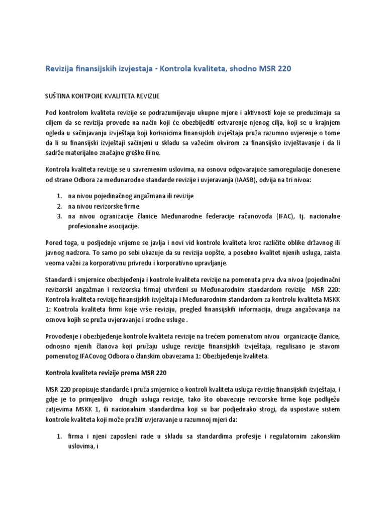 Revizija Finansijskih Izvjestaja - Kontrola Kvaliteta, Shodno MSR 220 | PDF