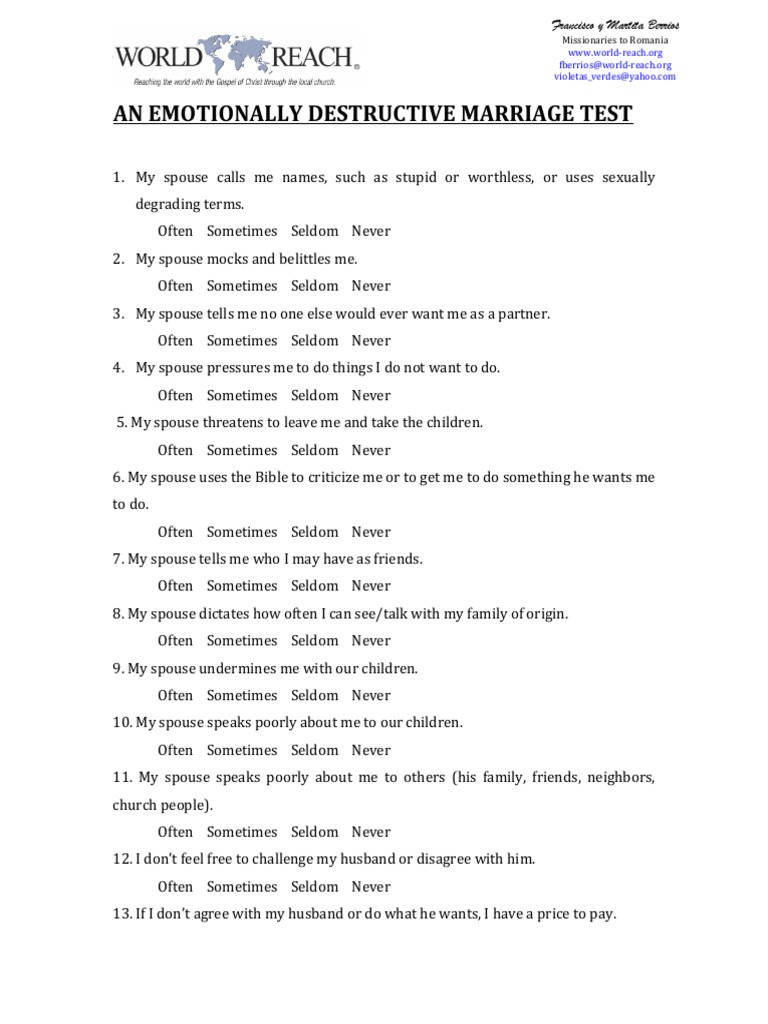 An Emotionally Destructive Marriage Test | PDF | Marriage
