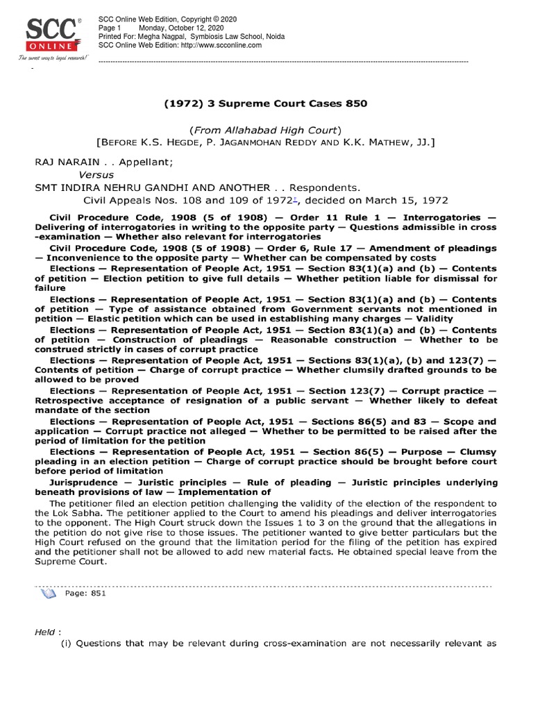 Raj Narain v. Indira Gandhi 1972 SC (Or. 11) | PDF | Justice | Media ...