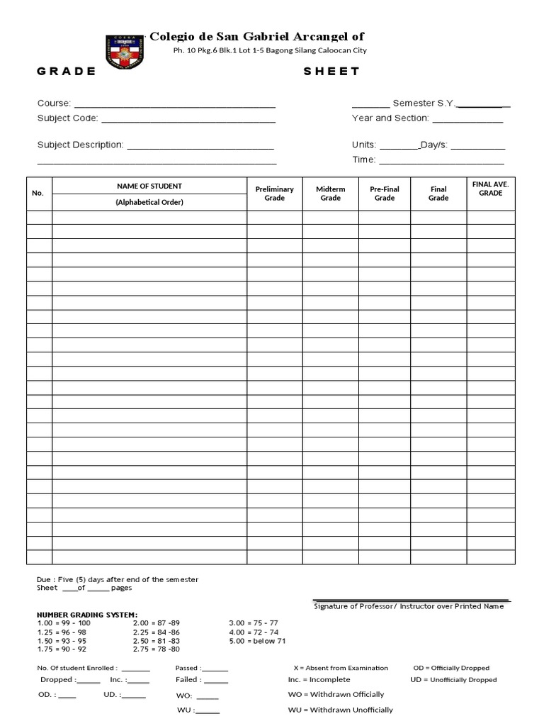 Colegio de San Gabriel Arcangel Of: Grade Sheet | PDF