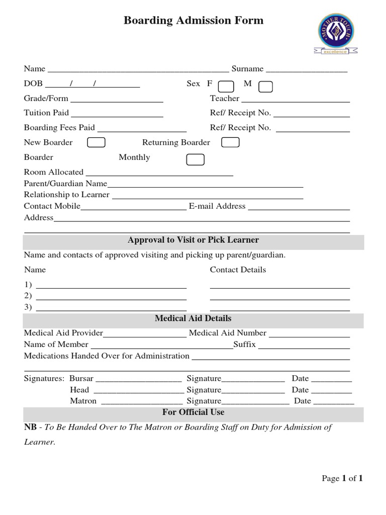 Boarding Admission Form Copy 1 | PDF | Career & Growth