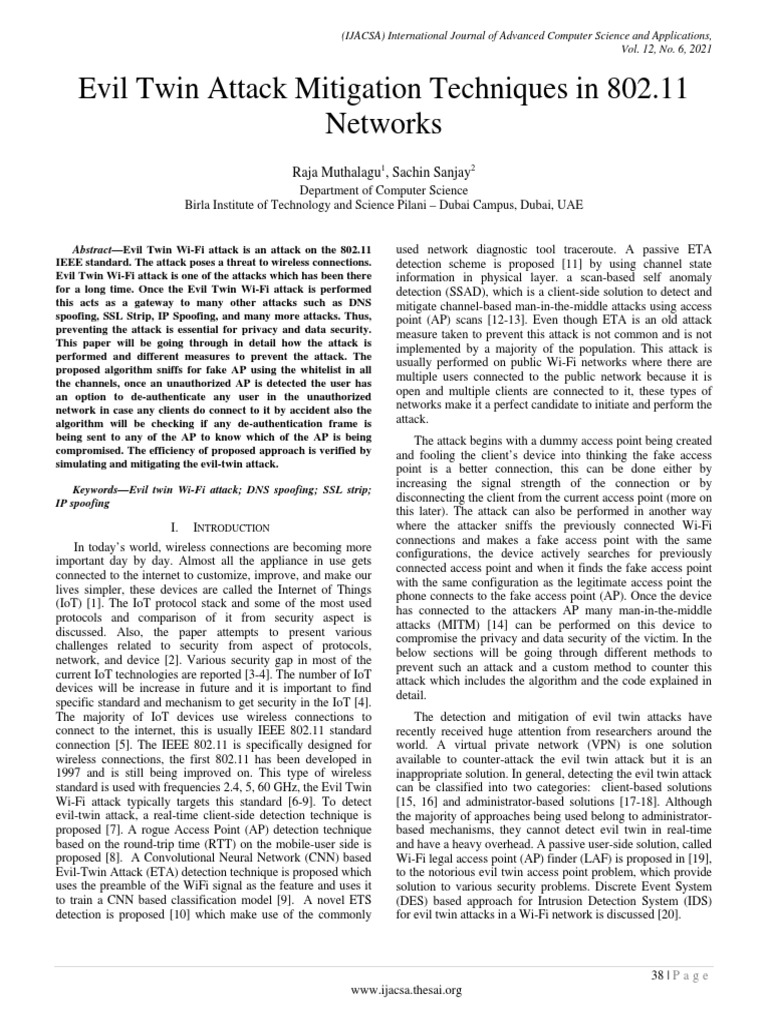 Evil Twin Attack Mitigation Techniques in 802.11 Networks | PDF | Wireless Access Point | Wi Fi