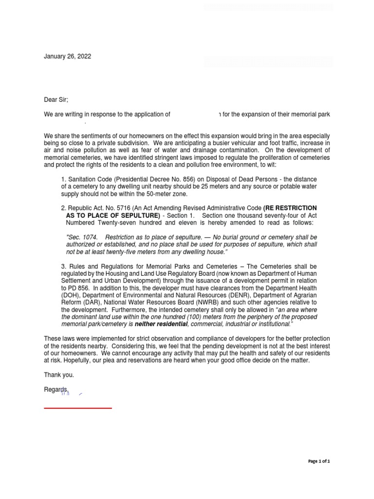Sample Opposition Letter | PDF | Burial | Cemetery