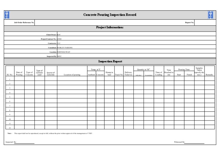 Fresh Concrete Pouring Inspection Sheet | PDF | Concrete | Composite ...