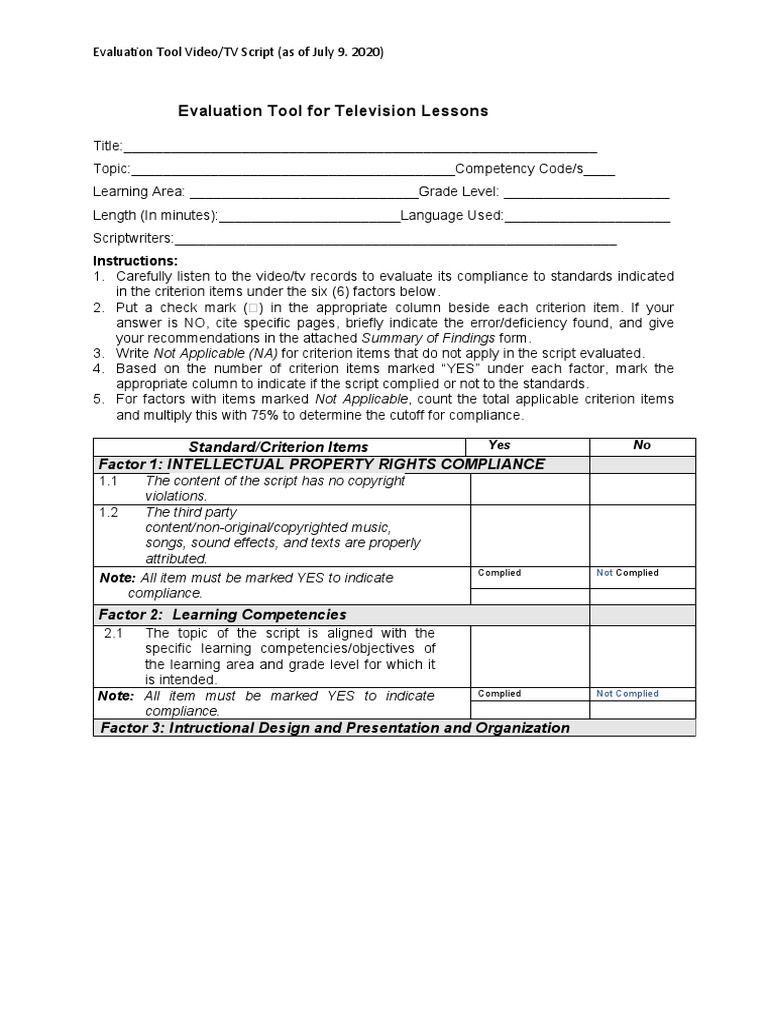 Evaluation Tool For Television Lessons: Instructions | PDF ...