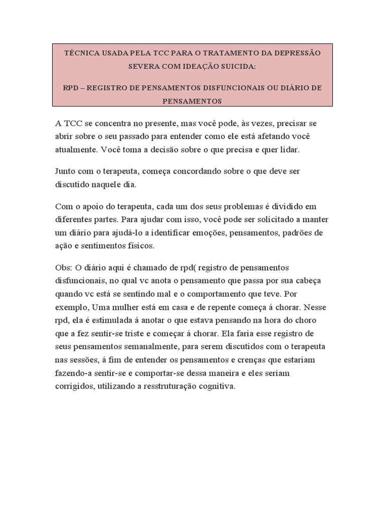 RPD Técnica Usada Pela TCC para o Tratamento Da Depressão Severa Com I ...