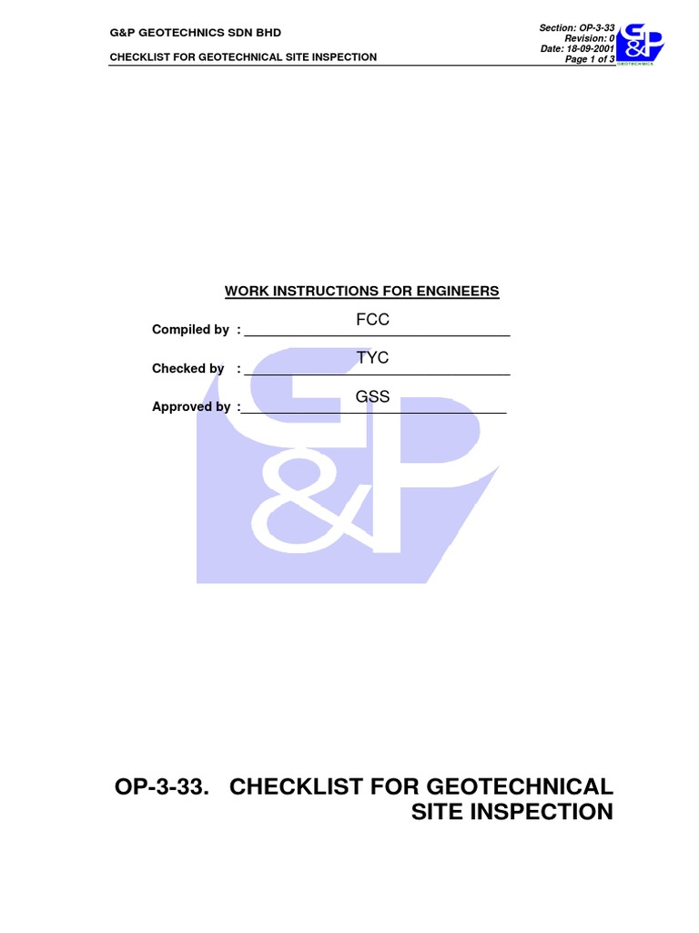 Geotechnical Site Inspection Checklist | PDF | Geotechnical Engineering