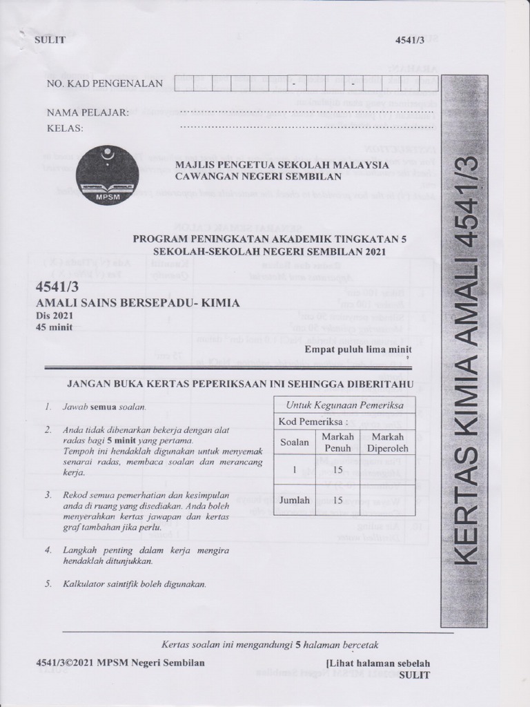 Kertas Trial Kimia N. Sembilan K3 2021 | PDF