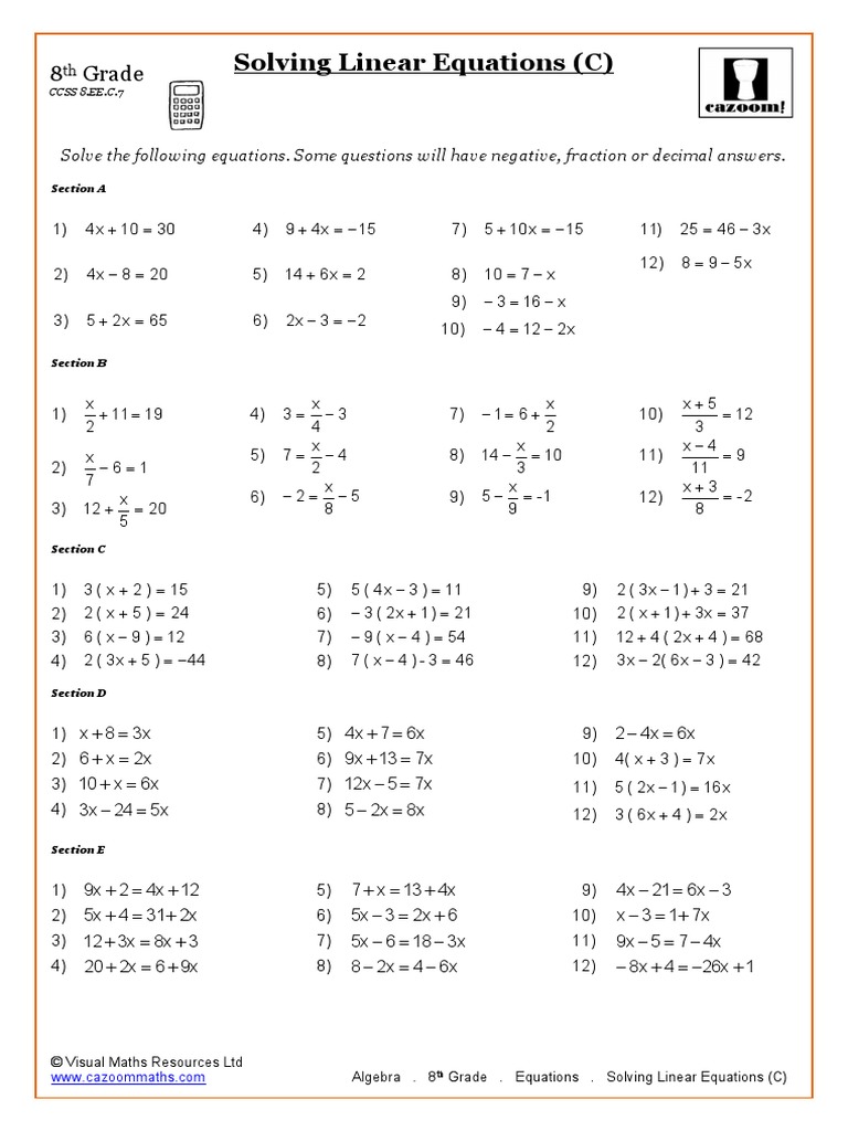 Algebra - Equations.solving Linear Equations (C) .US | PDF ...