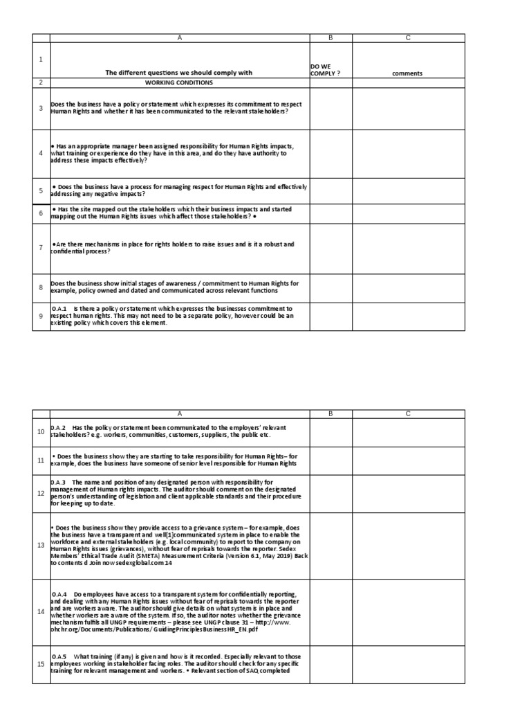 SMETA Human Rights Audit Checklist | PDF | Business Ethics | Audit