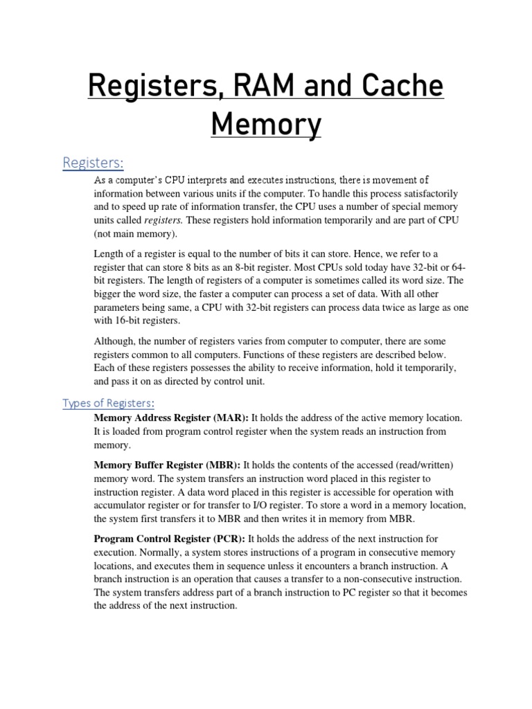 Registers, RAM and Cache Memory | PDF | Random Access Memory | Central ...