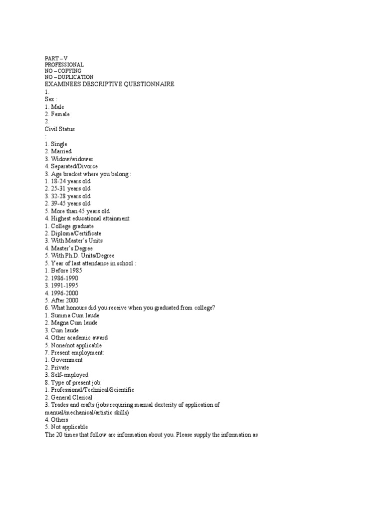 An Examinee's Descriptive Questionnaire for a Professional Examination ...