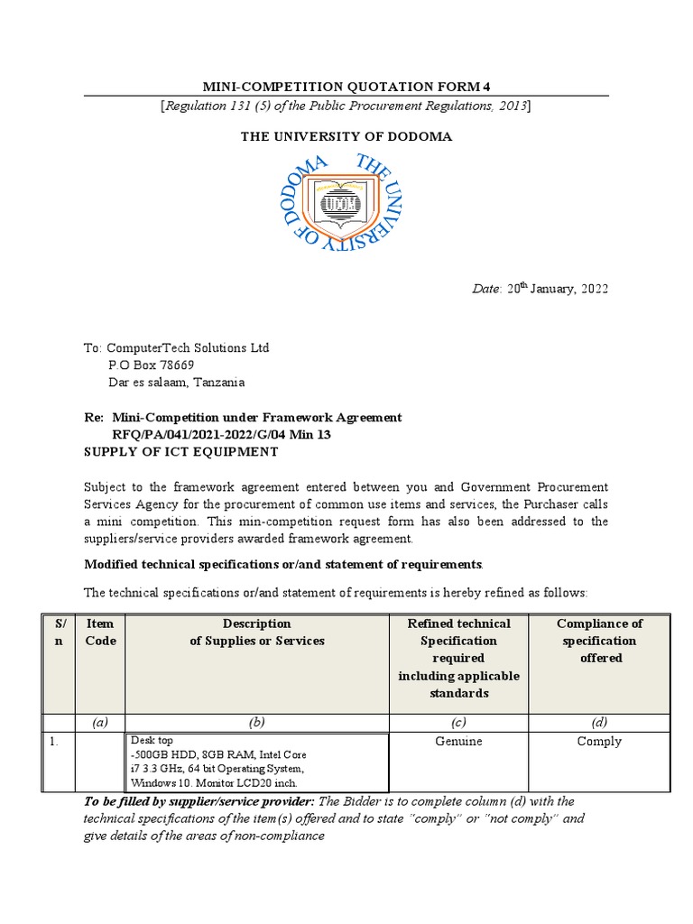 MINI Competition RFQ ICT No 13 | Download Free PDF | Specification ...