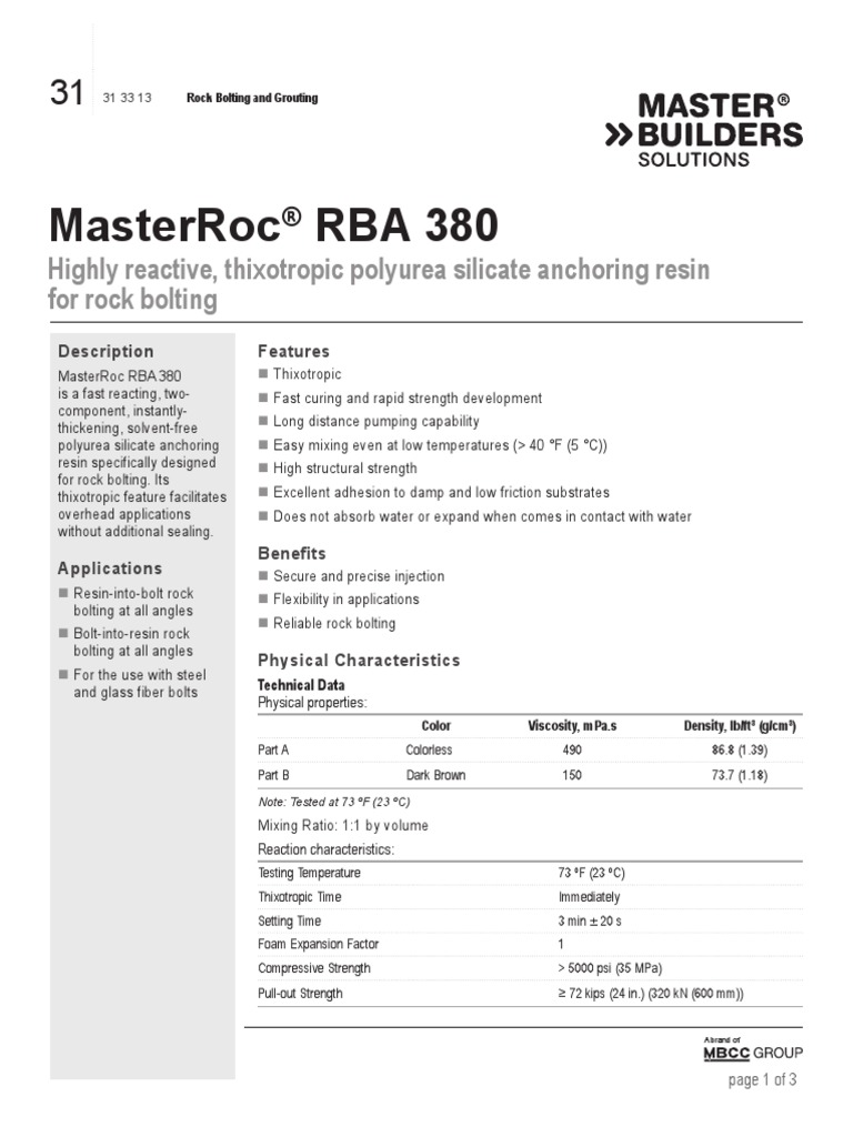 Masterroc Rba 380: Highly Reactive, Thixotropic Polyurea Silicate ...