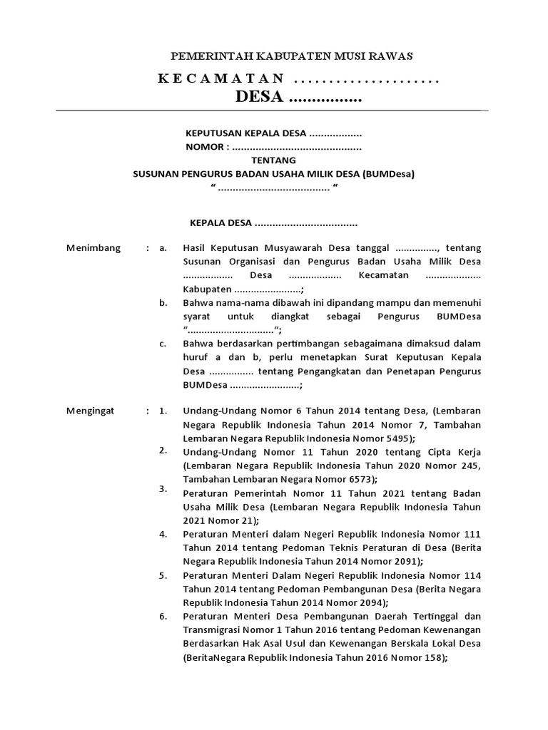 Contoh SK Pengurus Bumdesa | PDF