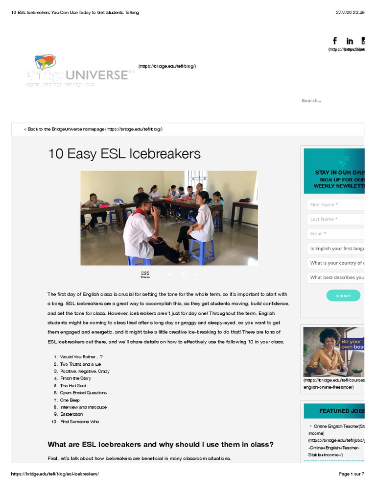 10 ESL Icebreakers You Can Use Today To Get Students Talking | PDF ...